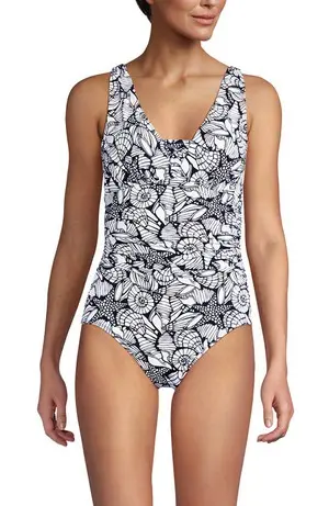 LANDS' END Slendersuit Grecian Tummy Control One Piece Swimsuit - Tossed Shells/deep Sea Navy