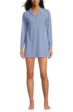 LANDS' END Cotton Jersey Long Sleeve Hooded Swim Cover-up Dress - Lake Blue Geo Floral
