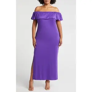 24SEVEN COMFORT APPAREL Off The Shoulder Jersey Midi Dress - Purple