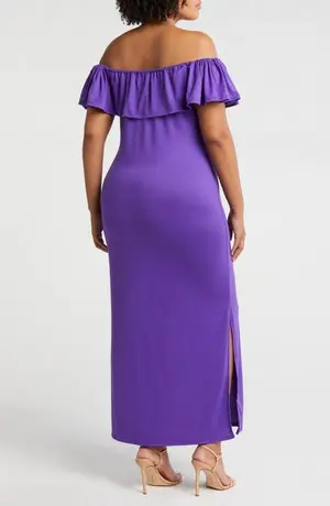24SEVEN COMFORT APPAREL Off The Shoulder Jersey Midi Dress - Purple