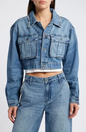 HIDDEN JEANS Distressed Denim Crop Cargo Jacket