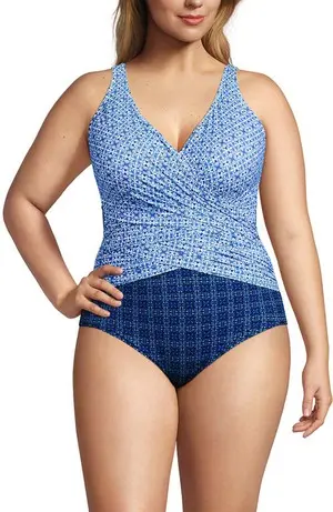 LANDS' END Slendersuit Wrap One Piece Swimsuit - Navy/white Mosaic Mini Tile