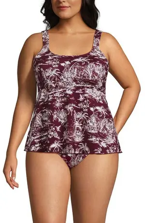 LANDS' END Flutter Scoop Neck Tankini Top - Burgundy Island Scenic
