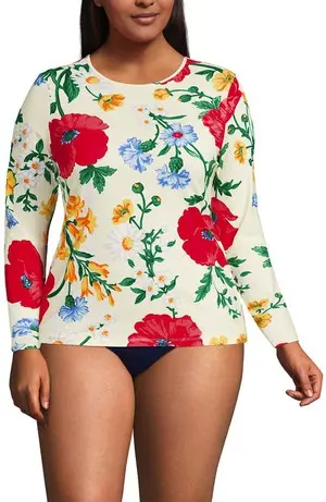 LANDS' END Long Sleeve Upf 50 Rash Guard - Egret/exploded Poppy Floral