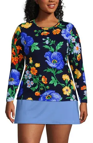 LANDS' END Long Sleeve Upf 50 Rash Guard - Navy/exploded Poppy Floral