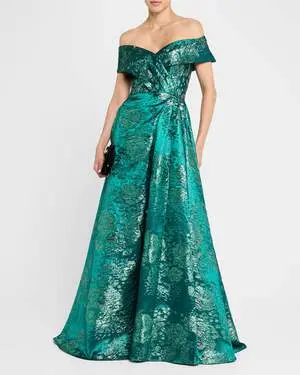 Jovani Pleated Off-Shoulder Jacquard Gown - Green | Editorialist