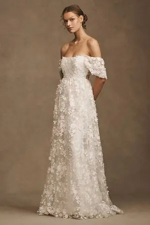 Watters Willowby Lilia Puff-sleeve Lace Empire Wedding Gown