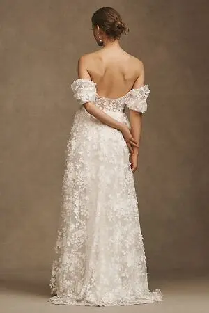Watters Willowby Lilia Puff-sleeve Lace Empire Wedding Gown