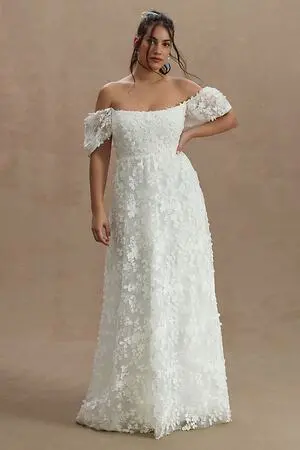 Watters Willowby Lilia Puff-sleeve Lace Empire Wedding Gown