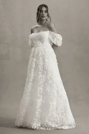Watters Willowby Lilia Puff-sleeve Lace Empire Wedding Gown