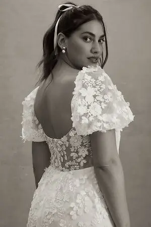 Watters Willowby Lilia Puff-sleeve Lace Empire Wedding Gown