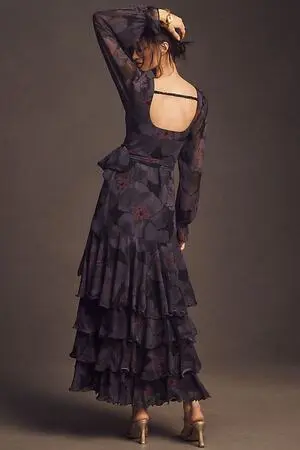 maxi dress with feather trim Solene Pleated Halter Backless Feather-Trim Maxi Dress