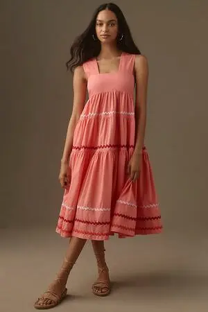the helena square neck tiered midi dress smocked denim edition By Anthropologie The Helena Square-Neck Tiered Midi Dress: Smocked Denim  Edition at MarketFair Shoppes in Princeton, NJ