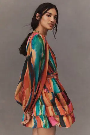 Bhldn Esme V-neck Long-sleeve Wrap Chiffon Mini Dress