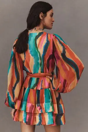 Bhldn Esme V-neck Long-sleeve Wrap Chiffon Mini Dress