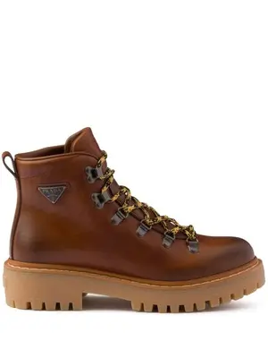 Prada Laced Leather Ankle Boots - Brown