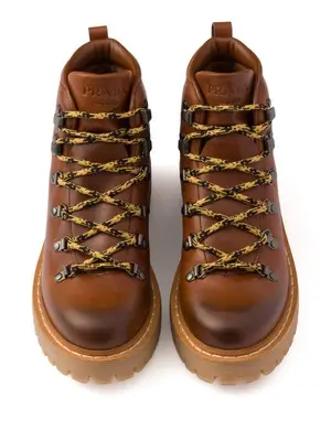 Prada Laced Leather Ankle Boots - Brown
