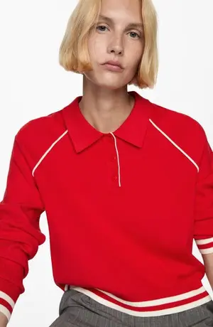 Mango Varsity Stripe Trim Polo Sweater