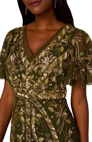 Adrianna Papell Embellished Flutter Sleeve Cocktail Dress - Olive