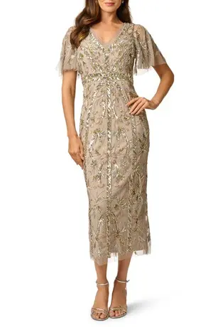 Adrianna Papell Embellished Flutter Sleeve Cocktail Dress - Platinum