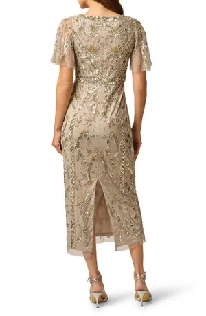 Adrianna Papell Embellished Flutter Sleeve Cocktail Dress - Platinum