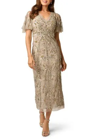 Adrianna Papell Embellished Flutter Sleeve Cocktail Dress - Platinum