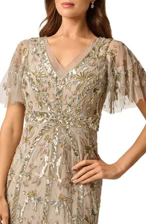 Adrianna Papell Embellished Flutter Sleeve Cocktail Dress - Platinum
