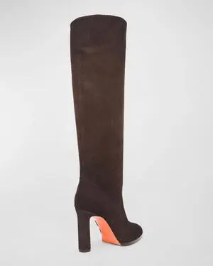 Santoni Andy Suede Knee High Stiletto Boots - Brown