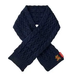 MIKI HOUSE Cable-knit Bear-embroidered Scarf - Navy