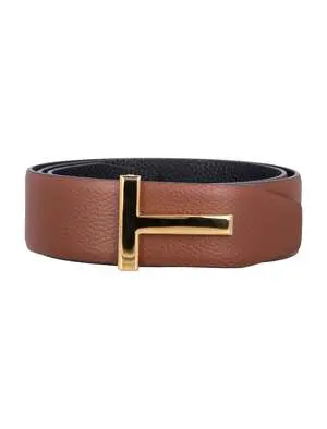 TOM FORD Small Grain Leather Icon Belt Mid Brown Black T Gold