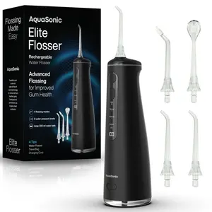 AQUASONIC Elite Flosser Rechargeable Water Flosser With 4 Tips Oral Irrigator With 4 Modes Portable & Cordless - Black