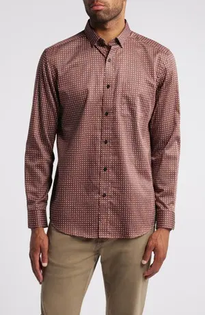 Johnston & Murphy Linked Ovals Print Button-up Shirt - Rust/navy
