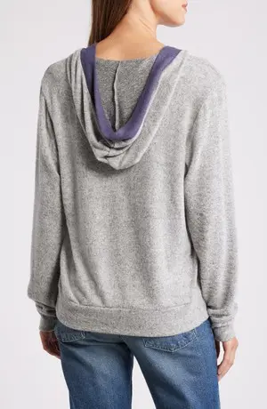 Loveappella Hooded V-neck Pullover - Gray/navy