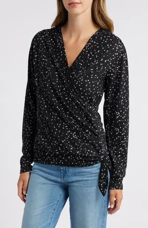 Loveappella Dot Print Faux Tie Wrap Top - Black/nat
