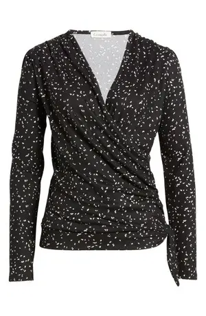 Loveappella Dot Print Faux Tie Wrap Top - Black/nat