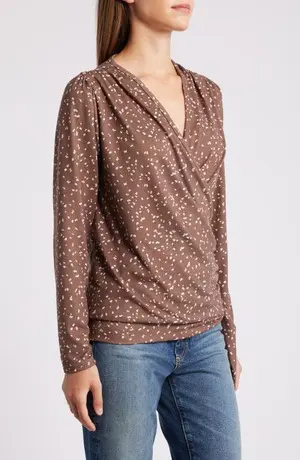 Loveappella Dot Print Faux Tie Wrap Top - Taupe/nat