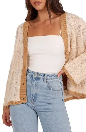 PETAL & PUP Zina Cable Contrast Trapeze Cardigan - Tan