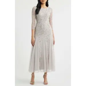 Pisarro Nights Beaded Tulle A-line Gown - Silver