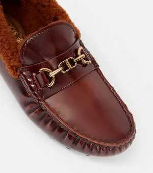 TOD'S Shearling-trimmed Leather Loafers - Brown