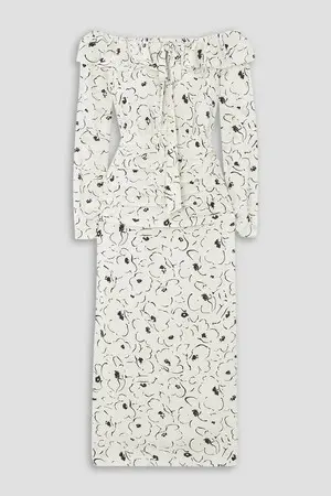 Alessandra Rich Off-the-shoulder Floral-print Midi Dress - Ivory