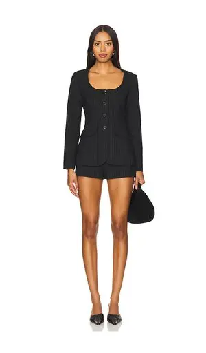 Amanda Uprichard X Long Sleeve Kya Romper - Black Ivory Pinstripe