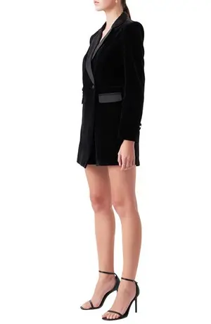 Endless Rose Long Sleeve Velvet Tuxedo Romper - Black