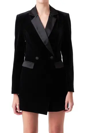 Endless Rose Long Sleeve Velvet Tuxedo Romper - Black