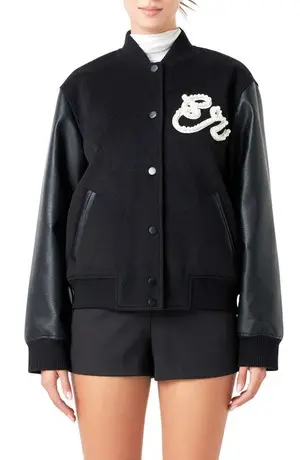 Endless Rose Imitation Pearl Detail Bomber Jacket
