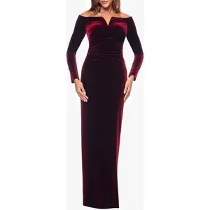 XSCAPE EVENINGS Off-the-shoulder Velvet Gown - Burgundy