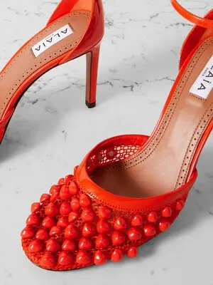 Alaïa 90 Embellished Fishnet And Patent-leather Pumps - Red