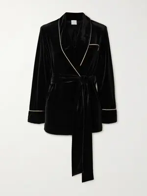 Loretta Caponi Nora Satin-trimmed Velvet Robe - Black