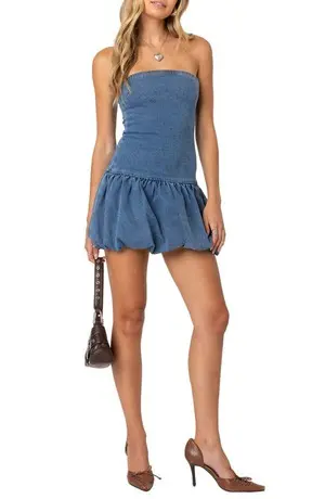 EDIKTED Strapless Bubble Hem Denim Minidress