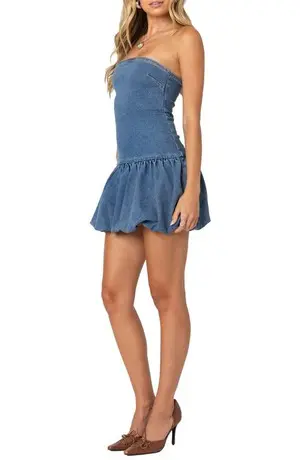 EDIKTED Strapless Bubble Hem Denim Minidress