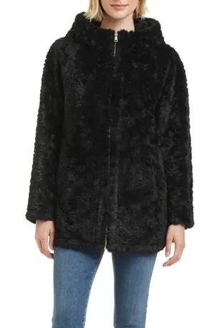 Sanctuary Textured Faux Fur Hooded Jacket - Black